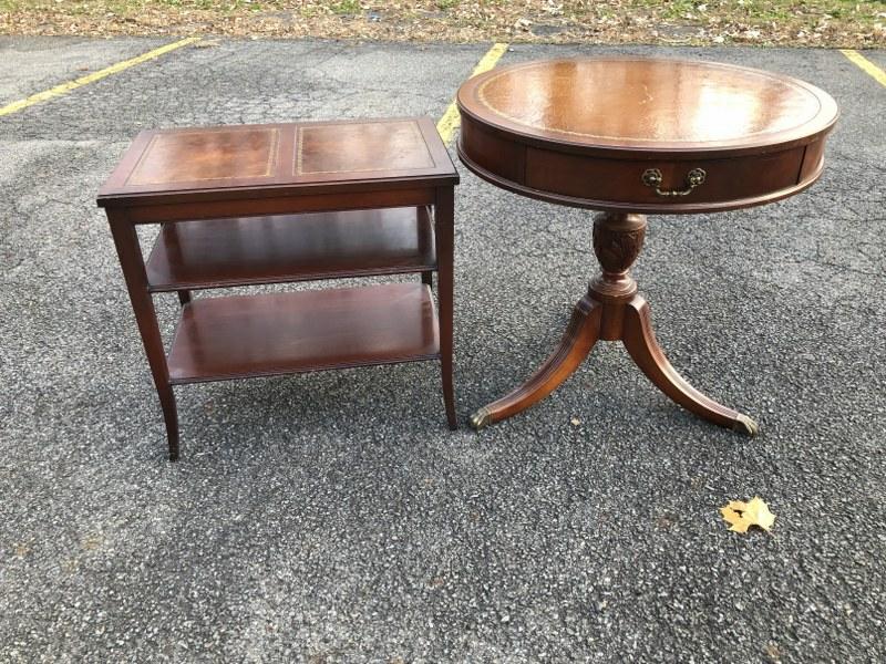 Two Mahogany Leather Top Tables, Including A Round Drum