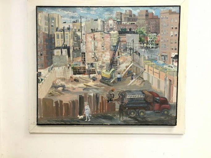 Emil Hess o/c street scene with construction in foreground, signed ...