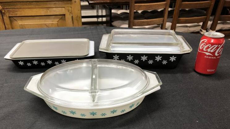 Vintage (3) pc. PYREX lot with snowflakes, (2) covered casserole dishes ...