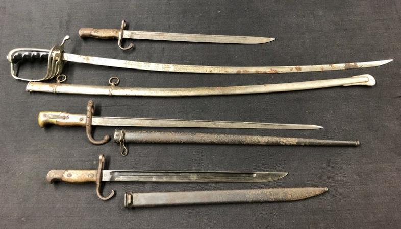Estate sword & bayonet lot, found locally. Includes (3) bayonets (2 ...