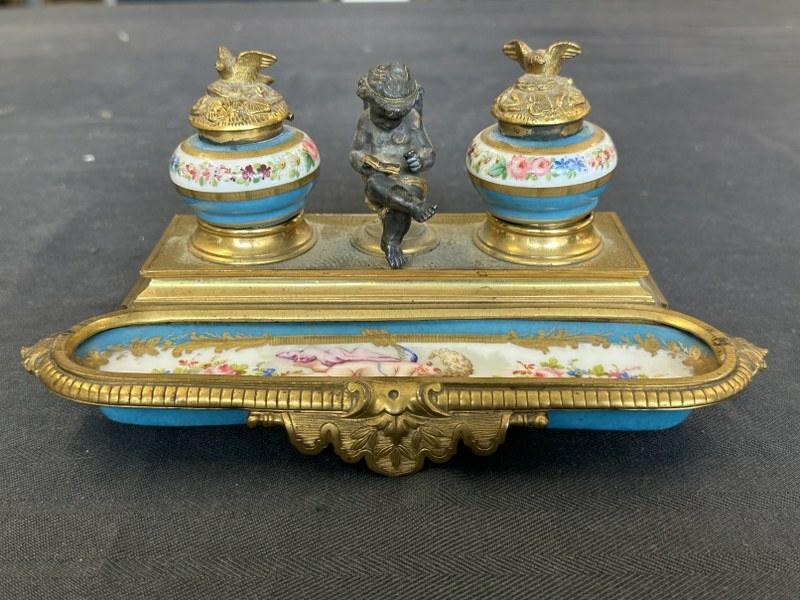 Fine Quality Gilt Bronze And Porcelain Inkwell With Birds On A Nest On ...
