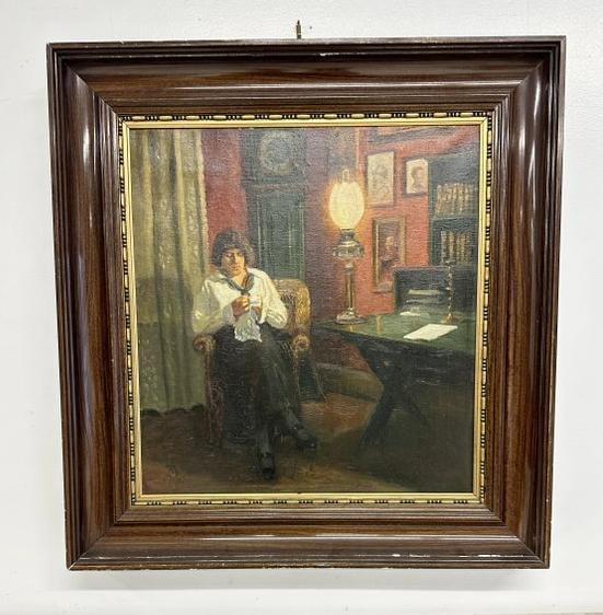 Axel Johansen (1872 - 1938) O/c Interior Of Room With Woman Knitting ...