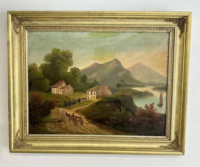 19th C O/c Landscape With Water On Right With Sailboat, Farmhouse With ...