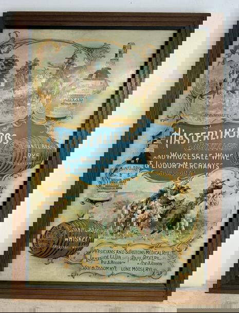 Hasterlik Bros. Distillers 19th C Tin Lithograph Sign In Original Oak ...