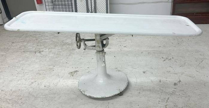 Wonderful Old Autopsy Table, Enamel Top, Cast Iron Adjustable Base In ...