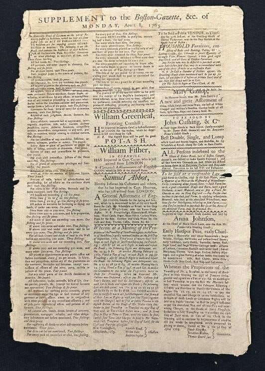 Single Page Supplement To The Boston Gazette April 8, 1765, Stamp ...