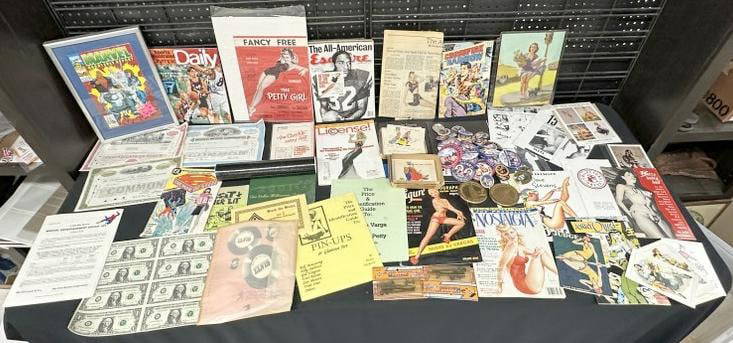 Misc. Ephemera Lot To Include Pinup Girl Related, (2) Brass Woolworth's Paperweights, Clinton ...