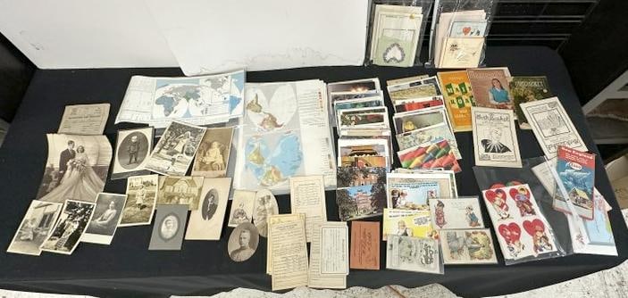 Misc. Ephemera Lot To Include Maps, Some Photos, Postcards, And Some More Contemporary Cards ...