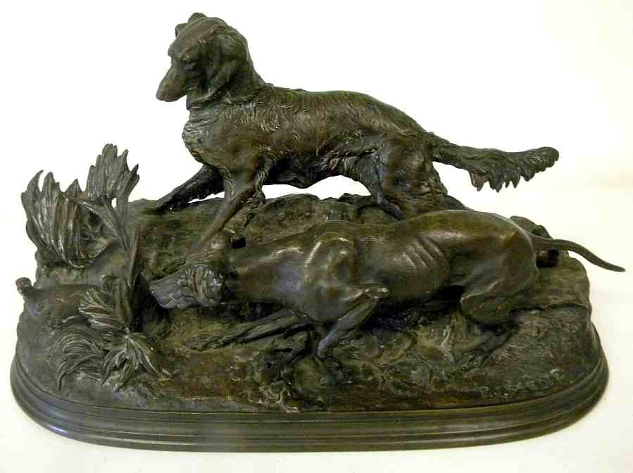 P J MENE Bronze Sculpture Dogs Hunting Pheasant