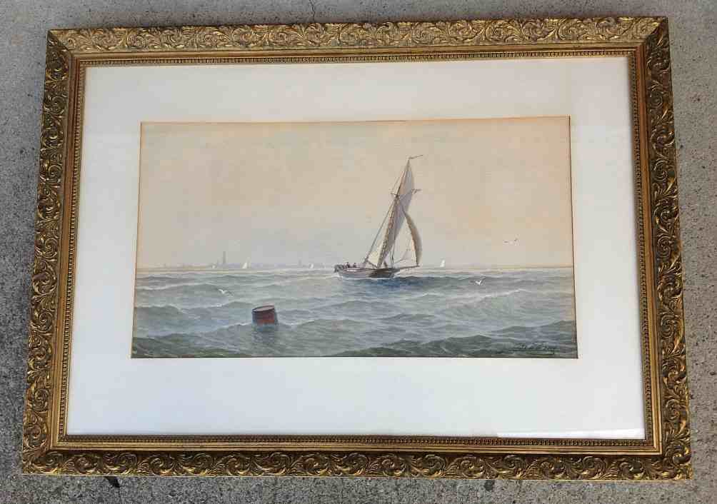 George Emerick Essig 16 x 27 w/c Seascape with Sailboat
