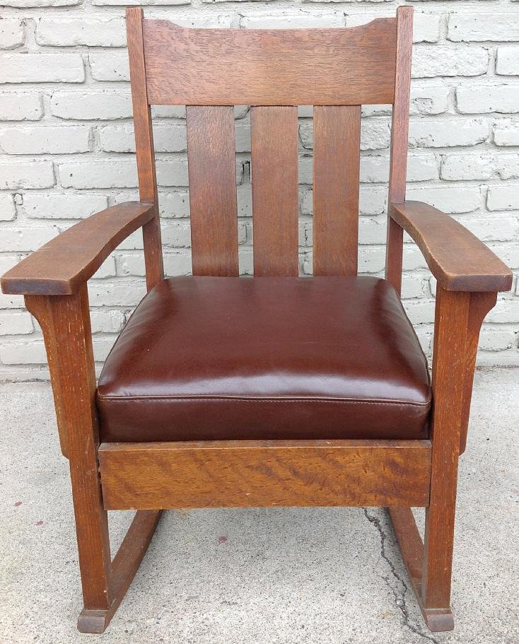 Mission Oak Slat Back Rocking Chair With Leather