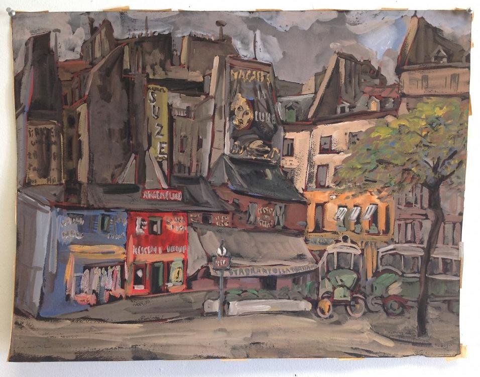 Joseph Levin Paris Street Scene, Gouache On Paper,
