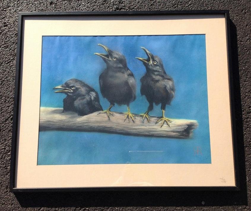 ROBERT DEPEW REYNOLDS PASTEL OF 3 CROWS ON A BRANCH,