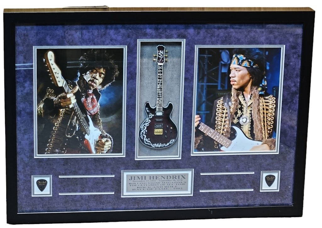 Jimi Hendrix Color Photo & Mini Guitar Display Auction