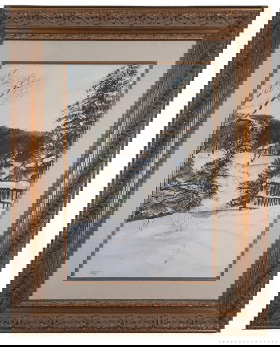 R. Maddison Signed 1983 Winter Cabin Watercolor Auction