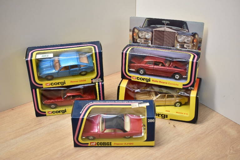 Five Corgi Die Casts, 279 Rolls Royce Corniche, 286 Jaguar Xj12c, 319 ...
