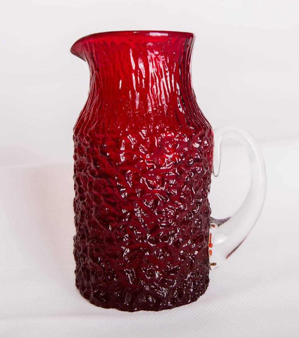 A Whitefriars Glass Ruby Red Textured Whisky Water Jug, Designed By ...