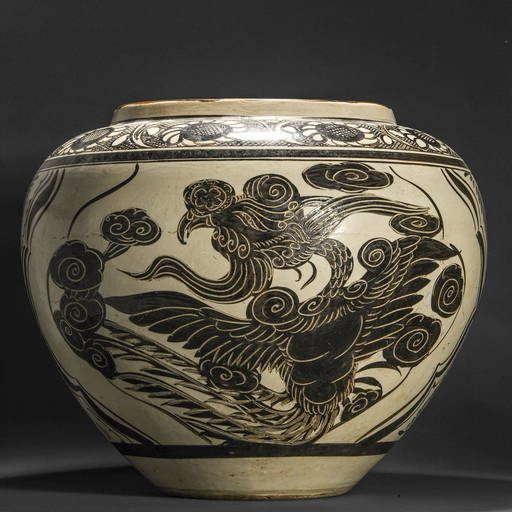 Yuan Cizhou Ware Brown Color Dragon And Phoenix Pattern Pot