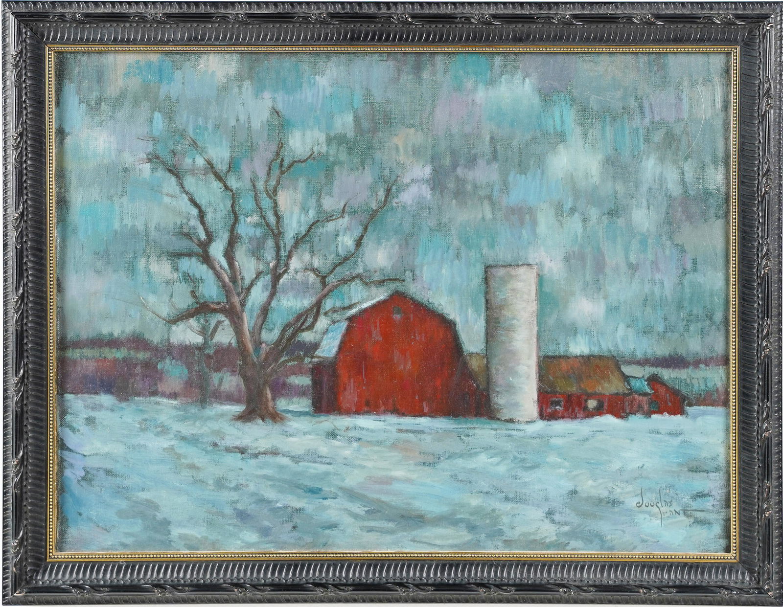 Vintage American Impressionist Winter Barn Landscape Oil Painting Doug ...