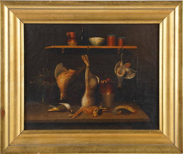 Antique Old Master Dead Game Butcher Shop Interior View Oil Painting.