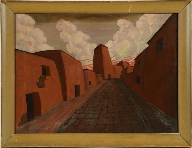 Robert Van Rosen Signed American Modernist Surreal Street Scene Oil ...
