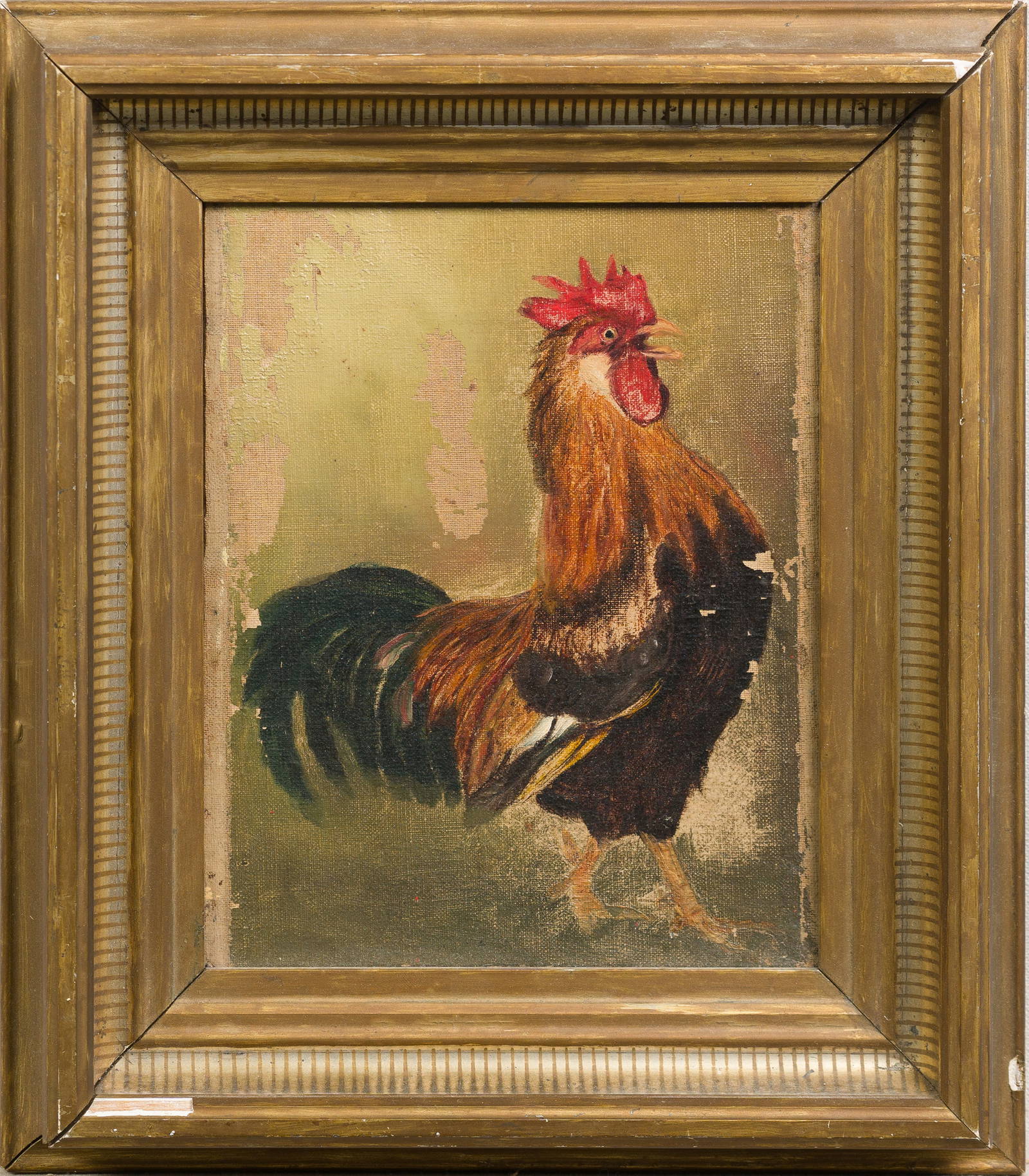 Antique American School Folk Art Chicken Portrait Oil Painting Auction