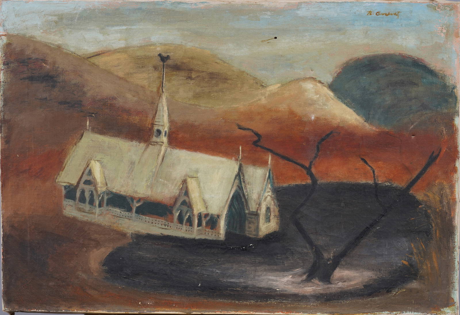 Antique Signed Surreal American Regionalist Church Sliding Into Hell ...