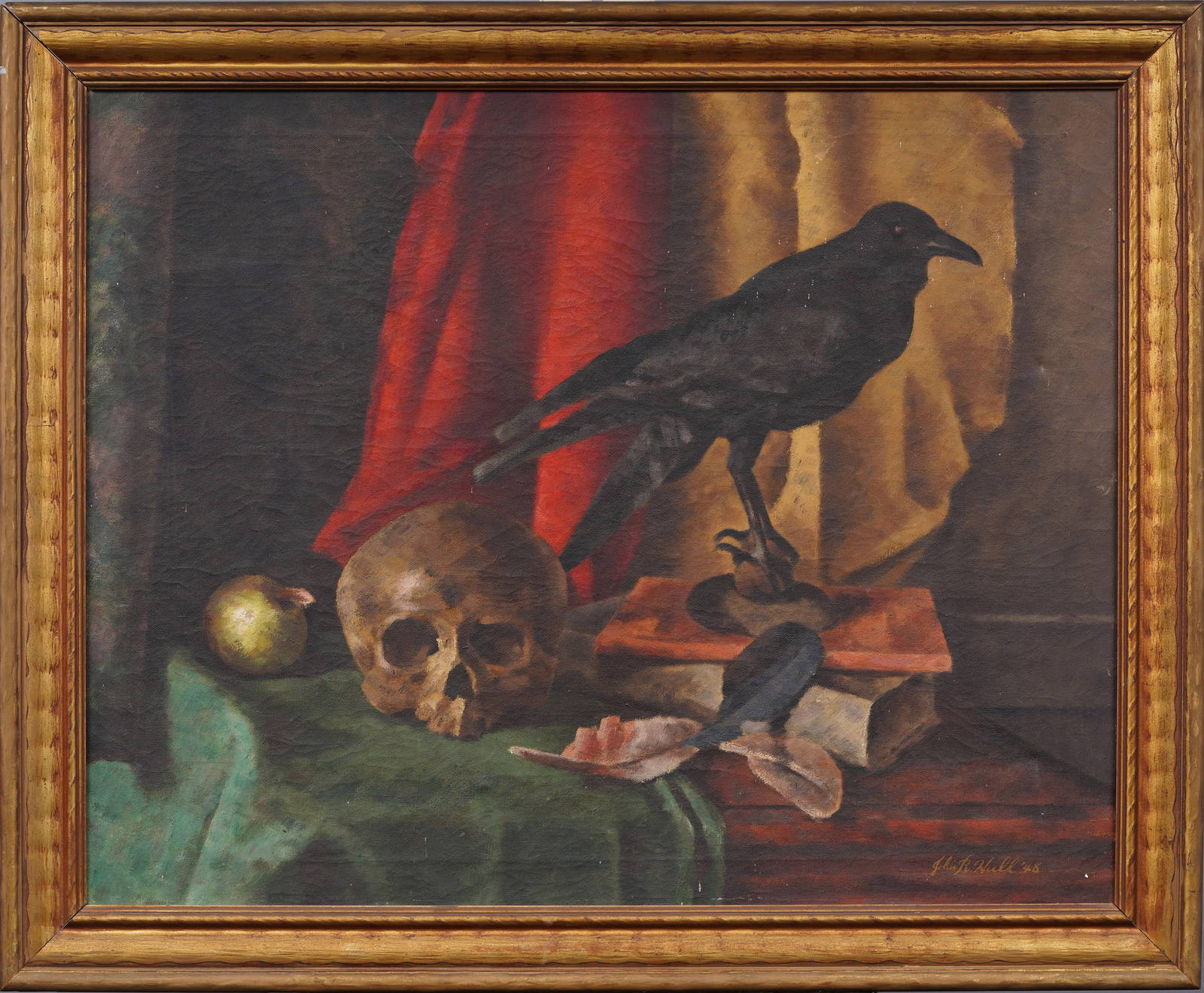Antique American School Signed Macabre Skull And Crow Still Life Framed ...