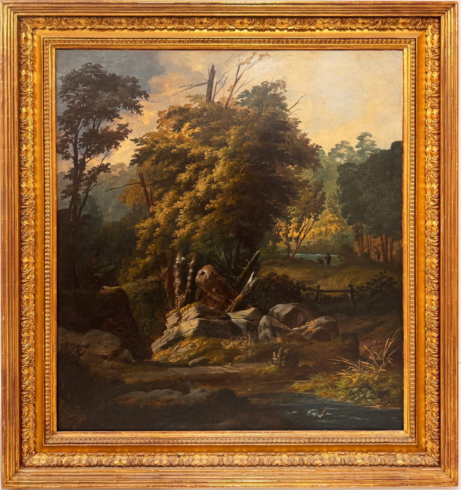 Antique Large European Framed Landscape Monogrammed Oil Painting Auction