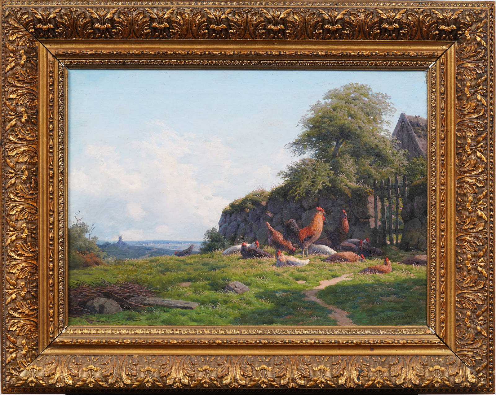 Antique European Impressionist Chickens Grazing Nicely Framed Landscape Oil Painting Auction