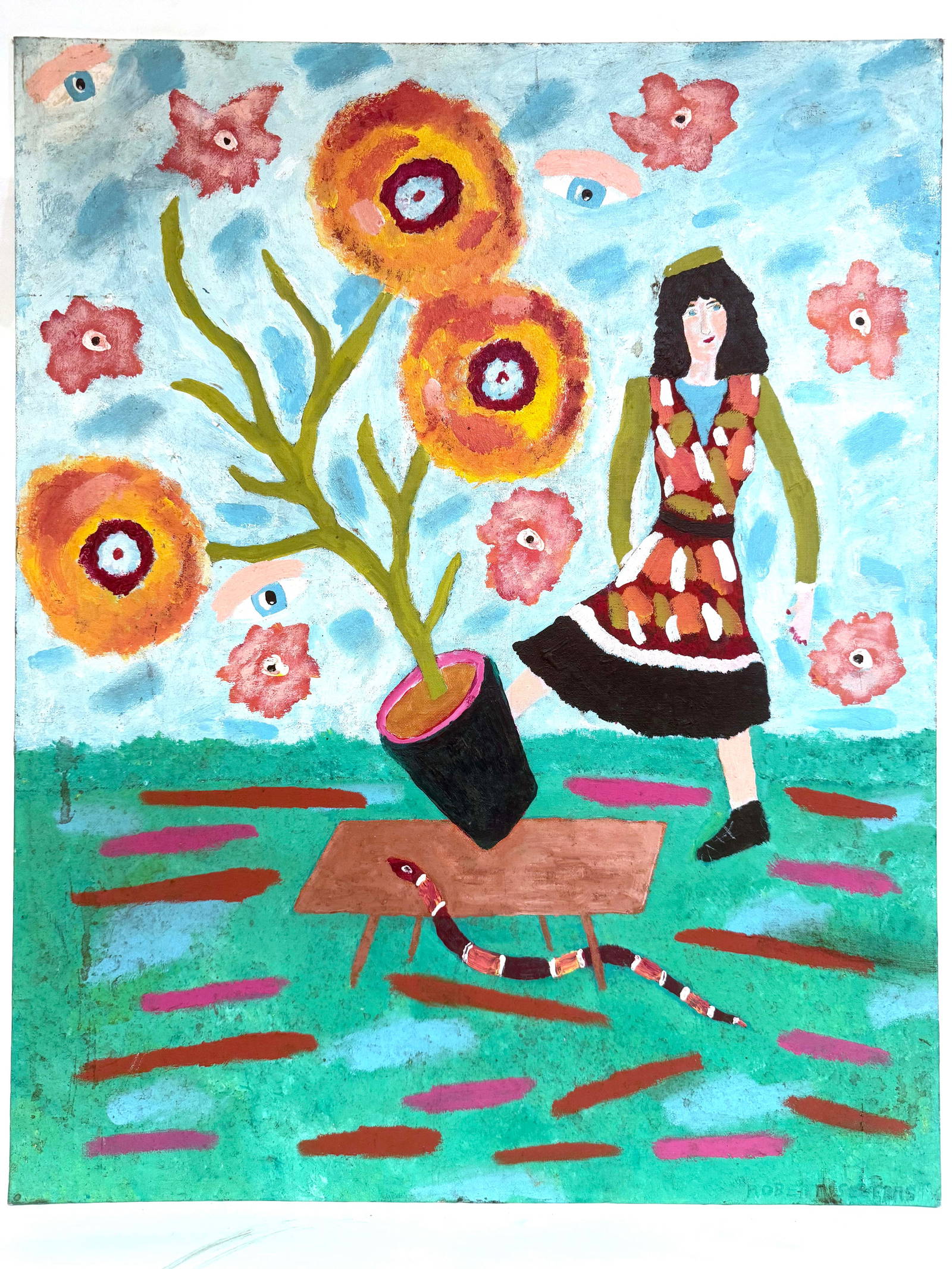 Robert Sellers Folk Art Painting – Woman, Giant Flowers & Snake In ...
