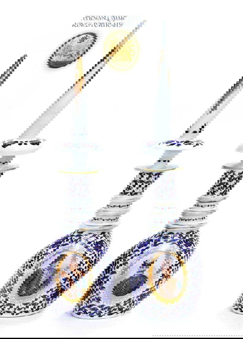 A Near Pair Of 19th C. Iran Qajar Kings Portraits Hand Painted ...