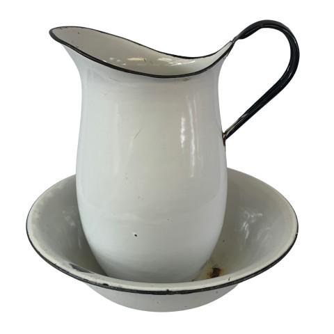 Antique Enamel Wash Basin And Pitcher