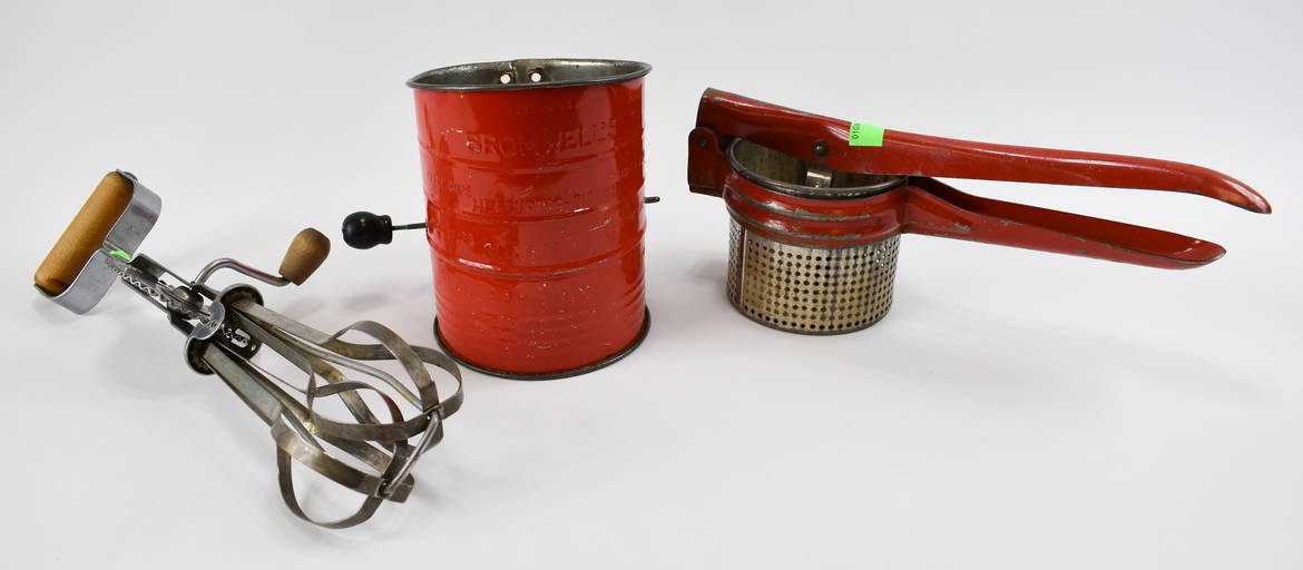 Vintage Kitchen Egg Beater, Sifter And Potato Smaher