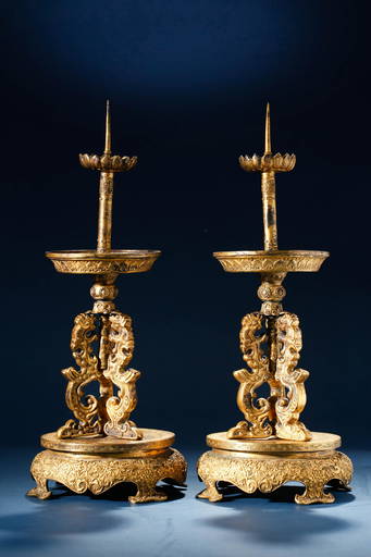 A Pair Of Gilt Bronze Phoenix Candlesticks