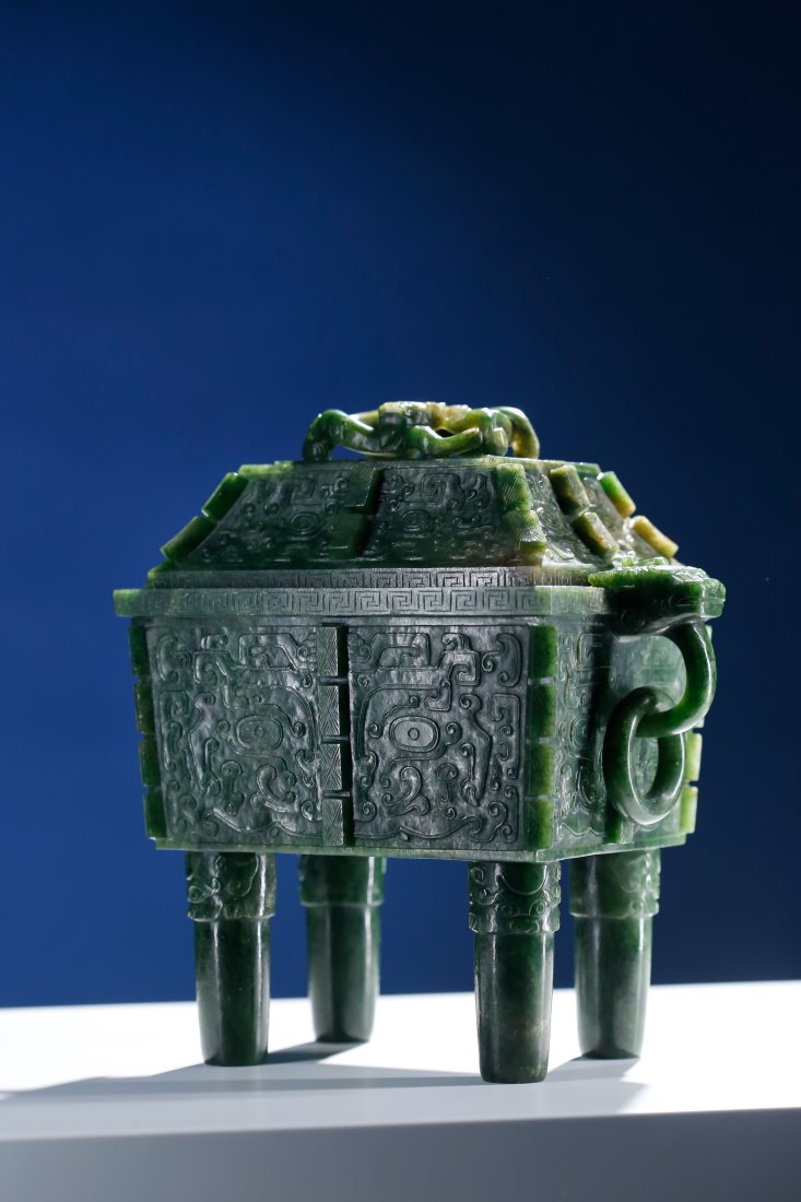 A Spinach Green Jade Taotie Mask Design Dragon Finial Square Ding Vessel