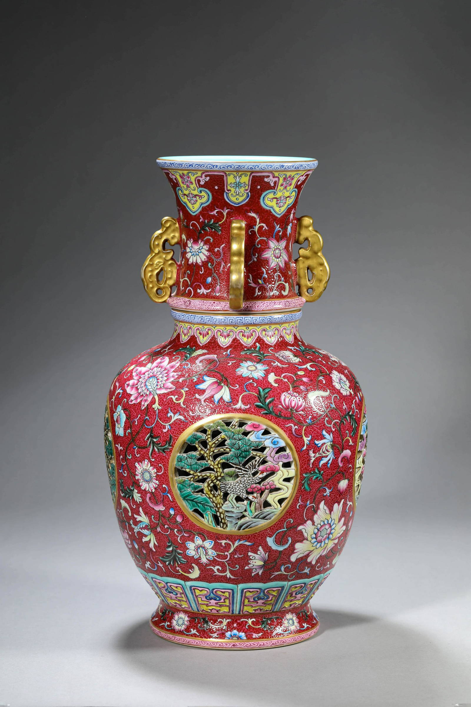 A Ruby Red Glaze Famille Rose Revolving Vase Auction