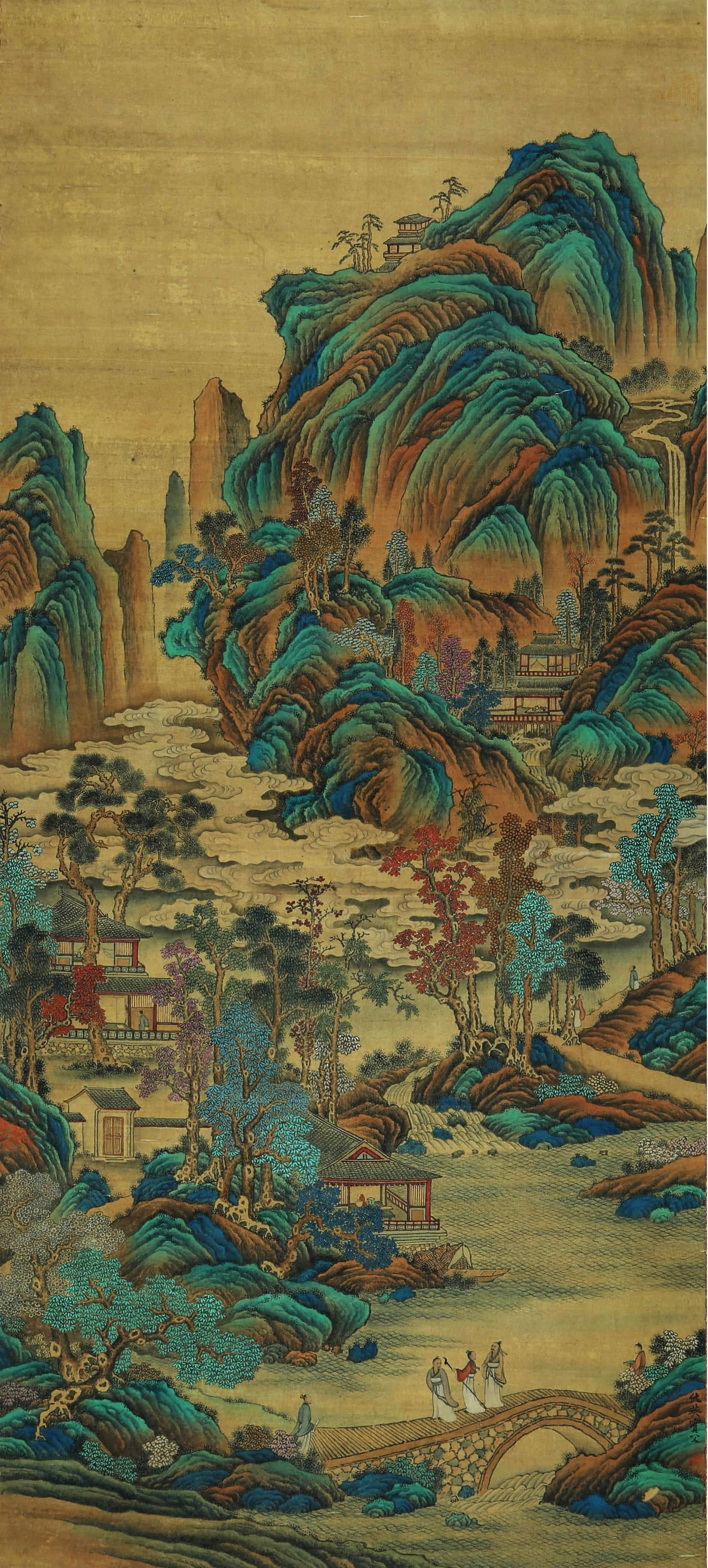 Landscape, Ink And Color On Silk, Hanging Scroll, Qiu Ying Auction