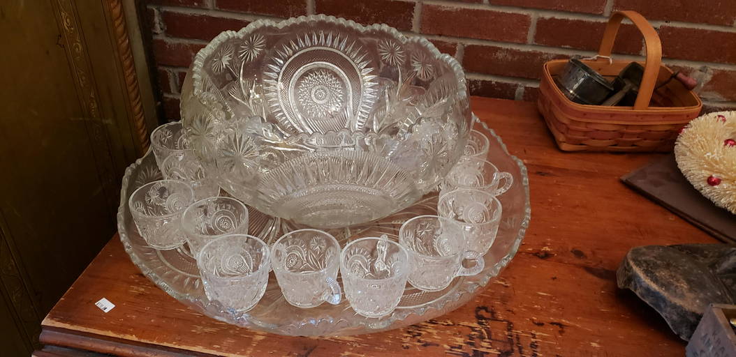 Large Glass Punch Bowl 18 Cups & Tray