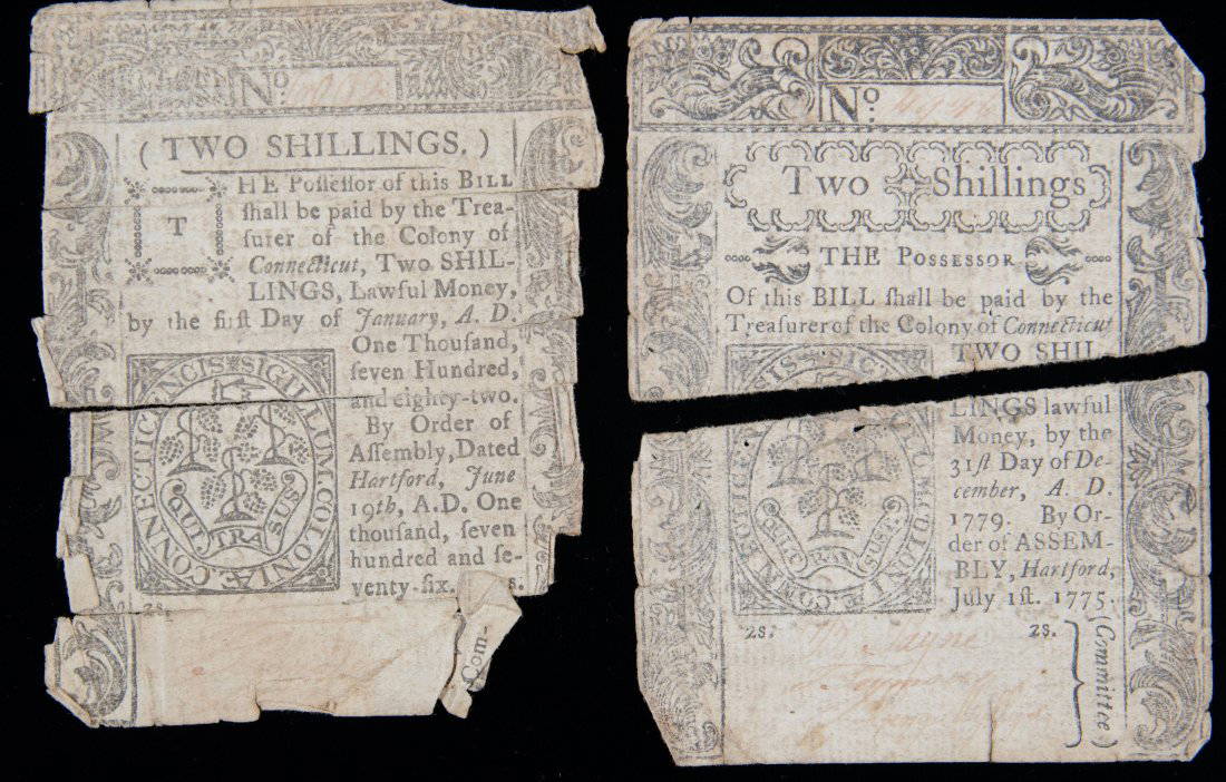 Two (2) 1776 Connecticut Two Shillings Notes Colonial Currency Auction