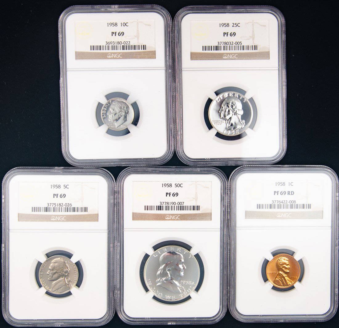 Five(5) 1958 United States Proof Set Ngc Pf69 - Half, Quarter, Dime ...
