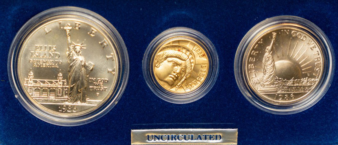 1986 United States Liberty Gold & Silver 3 Coin Set In Packaging Auction