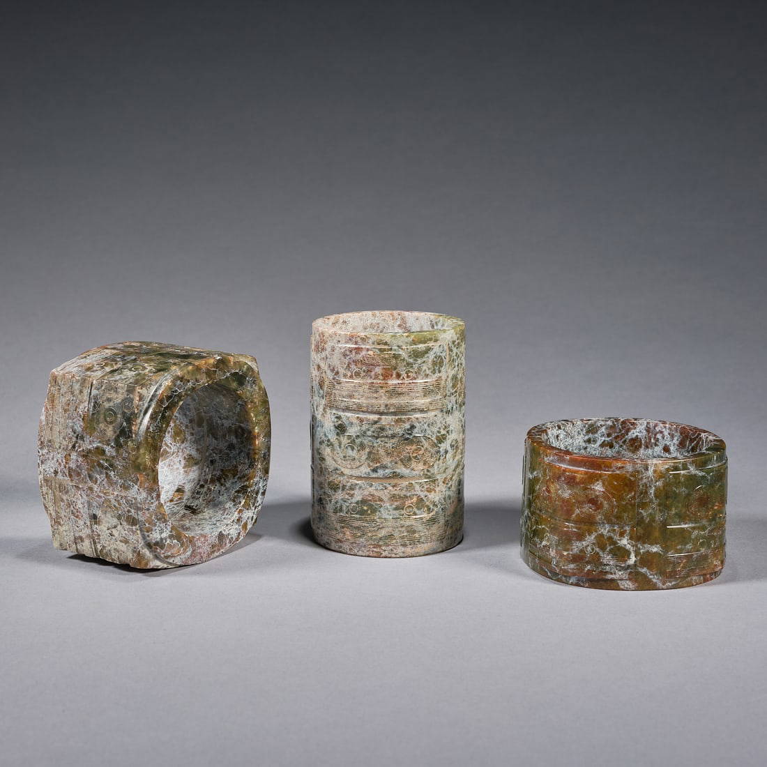 A Group Of Three Jade Cong,neolithic Period, Liangzhu Culture Auction