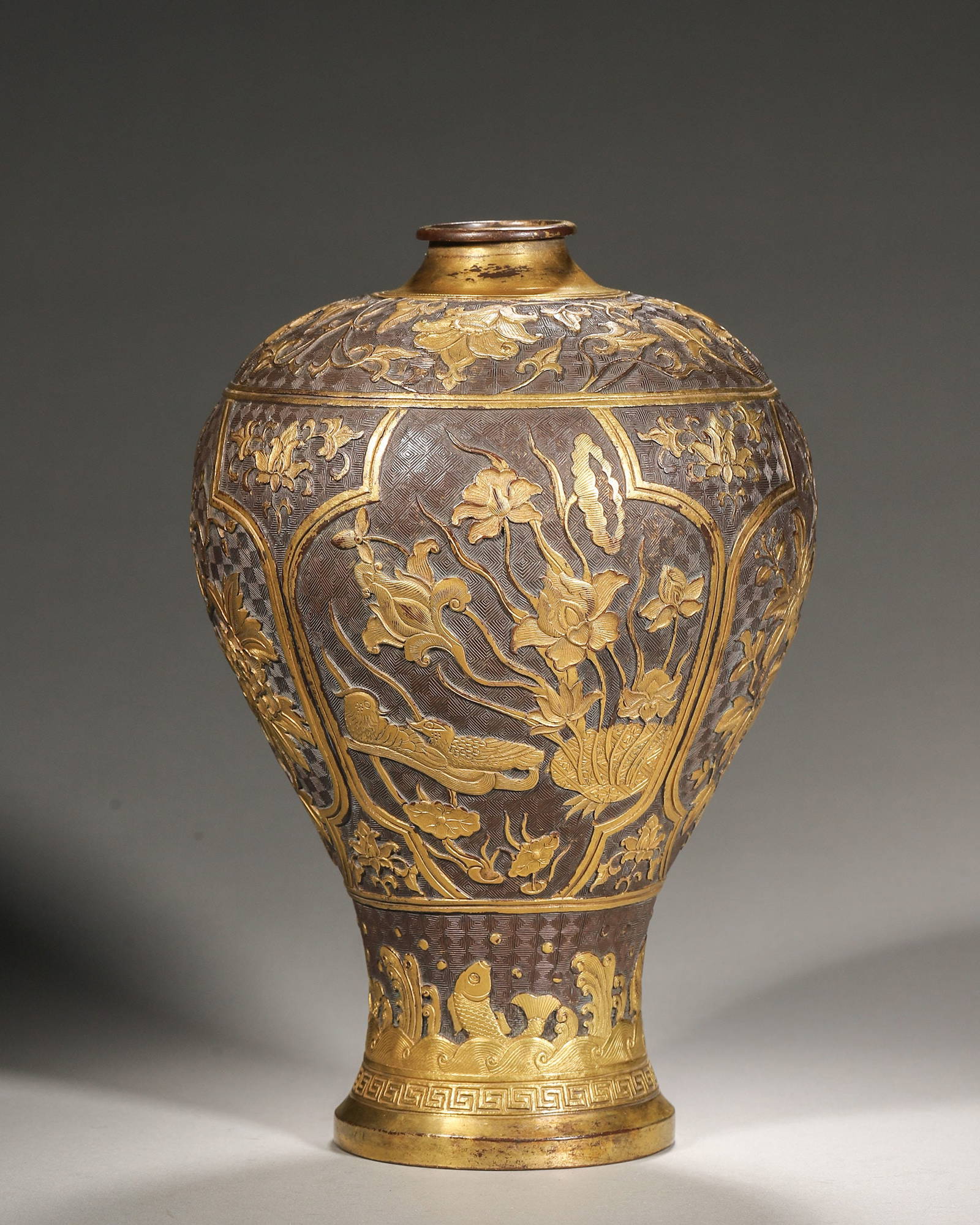 A Bird And Flower Patterned Gilding Copper Meiping,qing Dynasty,china ...