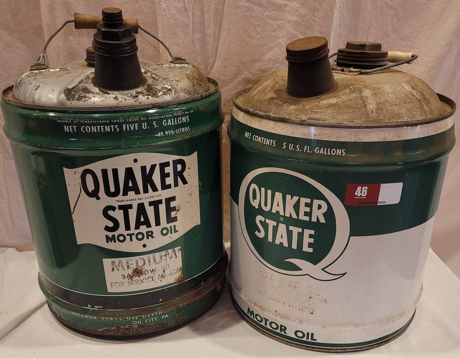 (2) Quaker State Five Gallon Motor Oil Gas Cans Auction