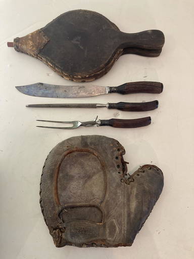 Antique Wooden Fireplace Bellows, Leather Catchers Mitt 1925, and ...