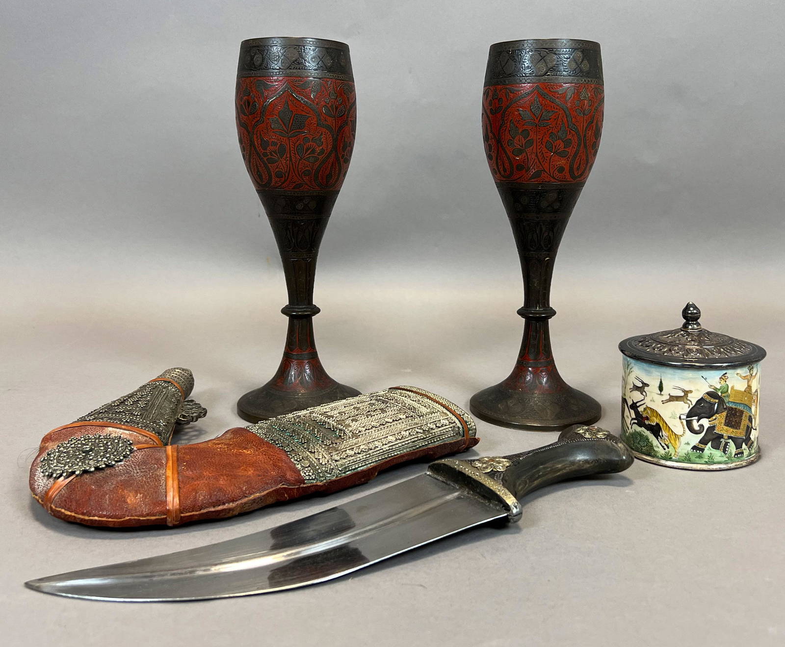 Set Of 4 Pieces. Cup, Knife, Vessels. Orient. Auction