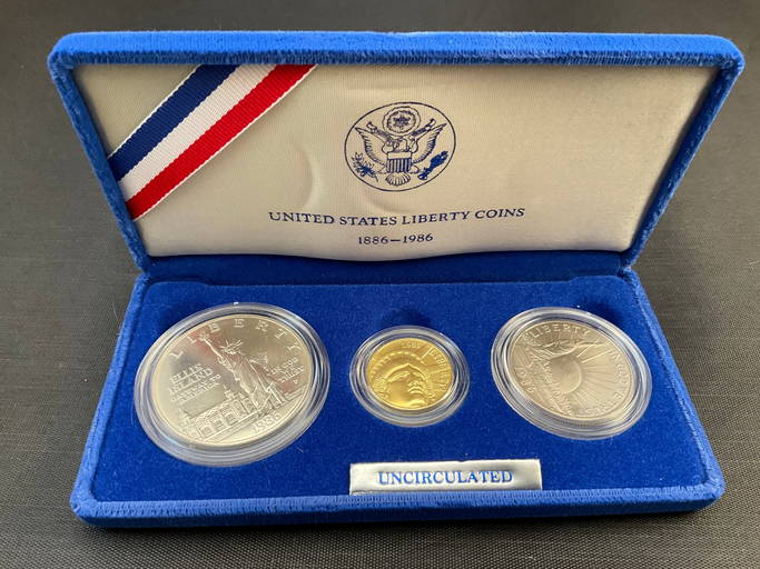 1986 100th Anniversary Statue Of Liberty 3 Coin Set Half, Silver Dollar, Gold 5 Dollar