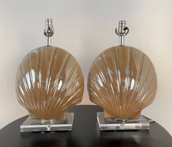 Glass Shell Form Lamps On Lucite Base Pair
