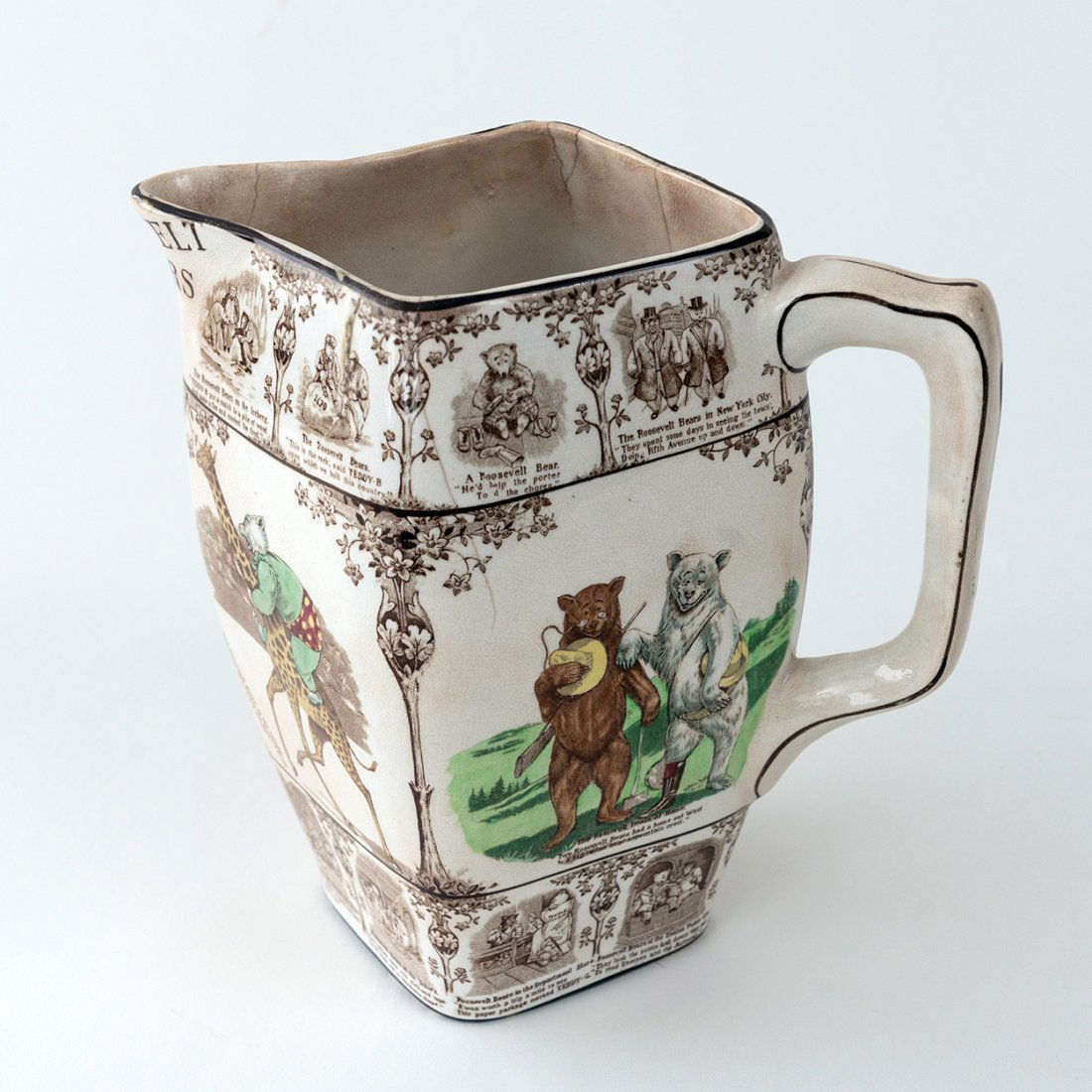 Rare 1907 Buffalo Pottery Bear Pitcher Featuring Roosevelt Bears